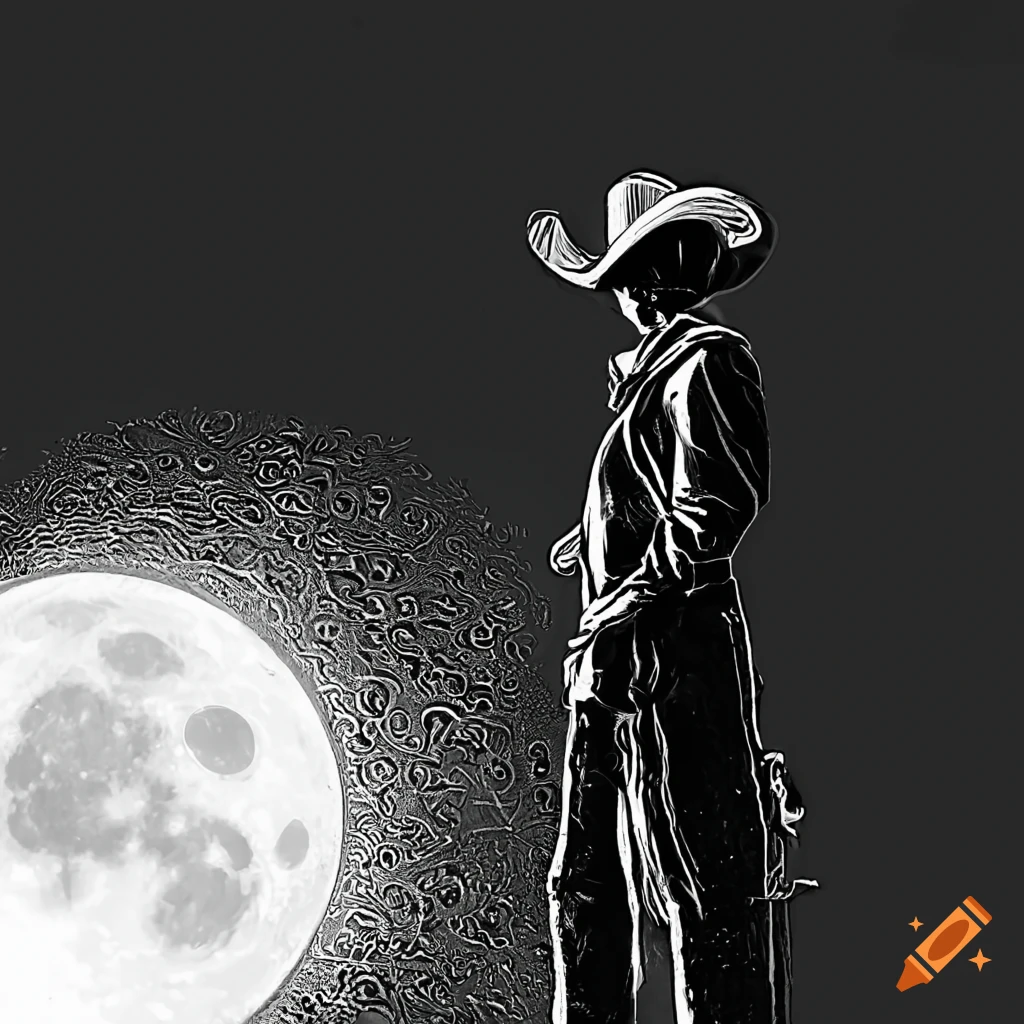 Black and white photo of a cowboy gazing at the moon on Craiyon