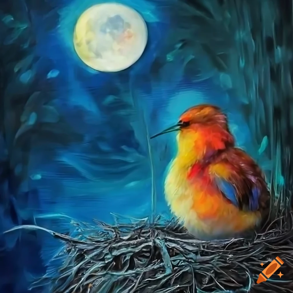 Vibrant bird sleeping under the moonlight
