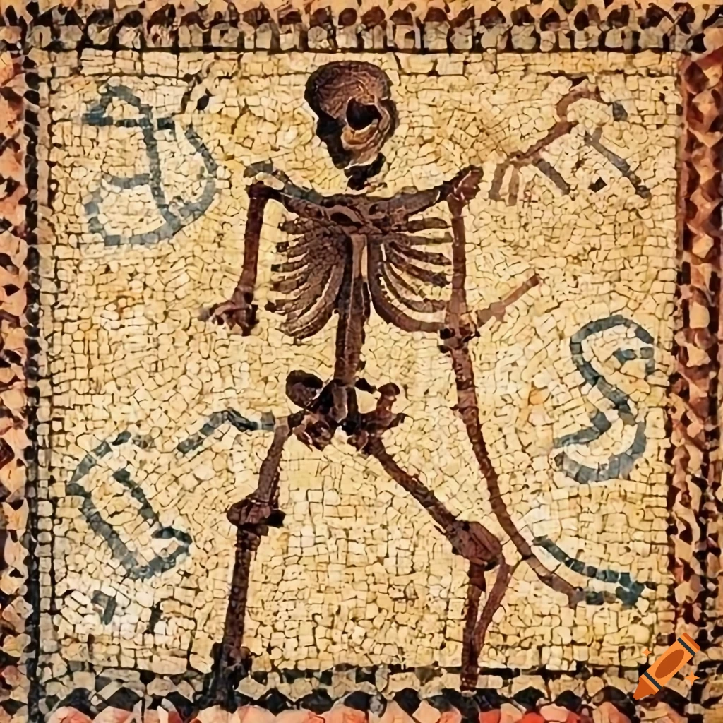Ancient roman mosaic of a skeleton with the phrase "Enjoy Life" on Craiyon