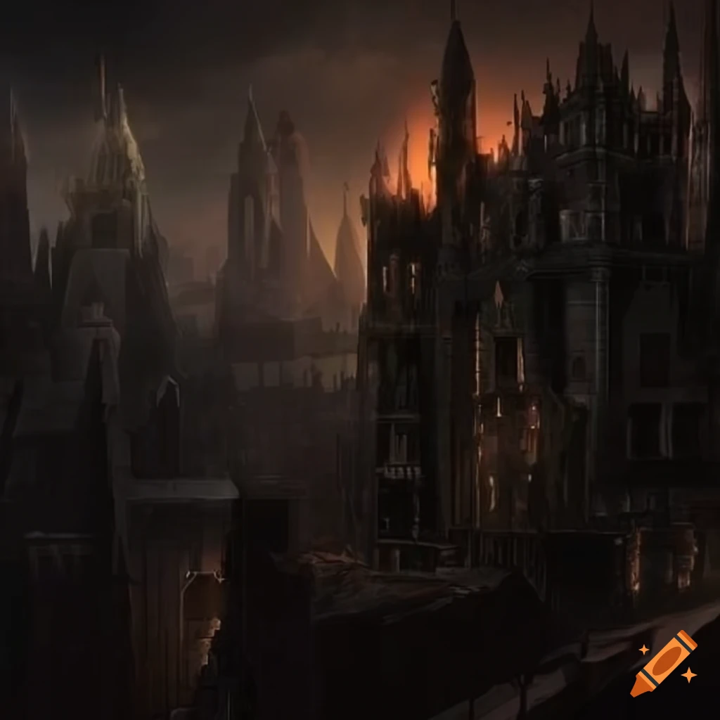 Dark fantasy city with triangular architectural elements on Craiyon