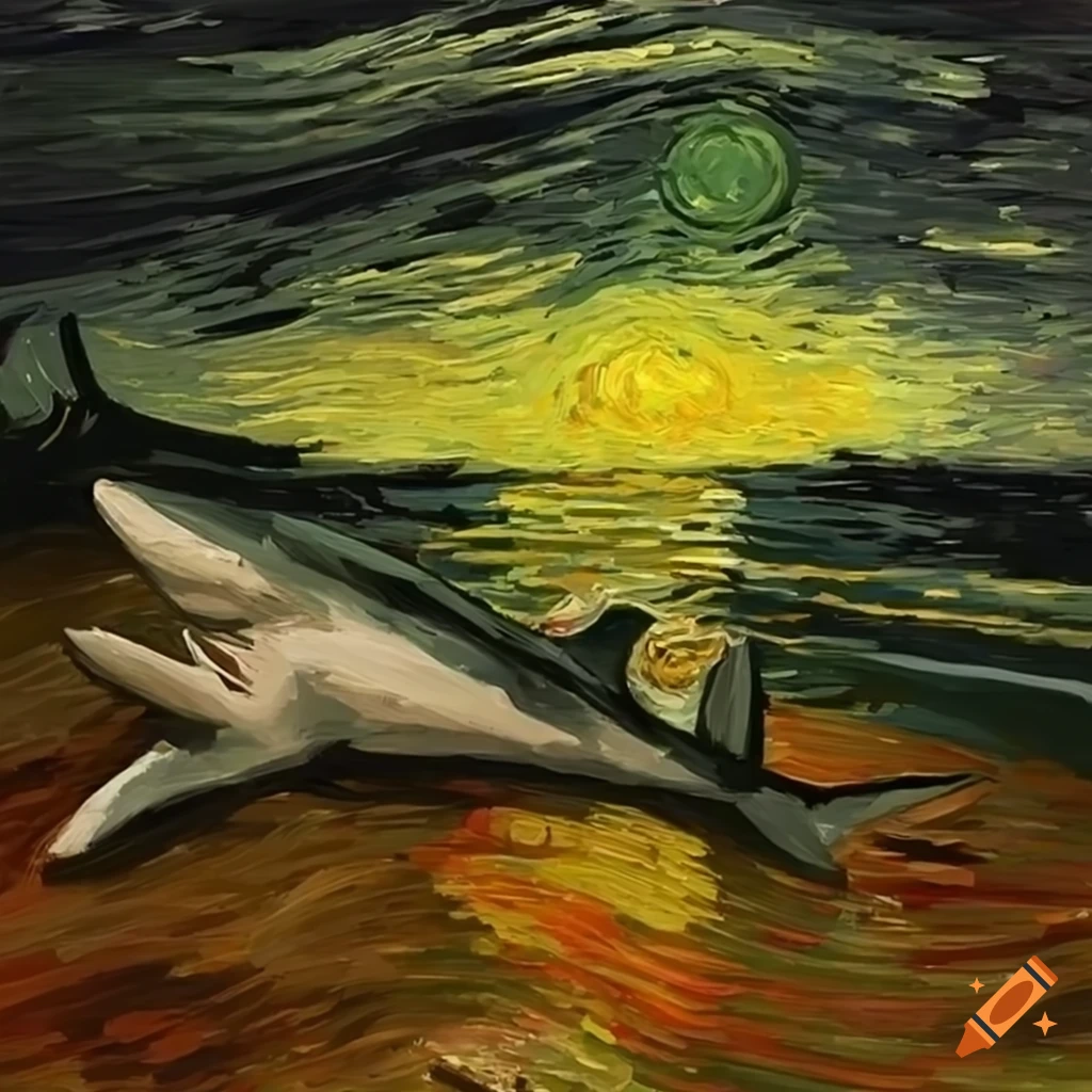 Van gogh painting a shark on the beach on Craiyon