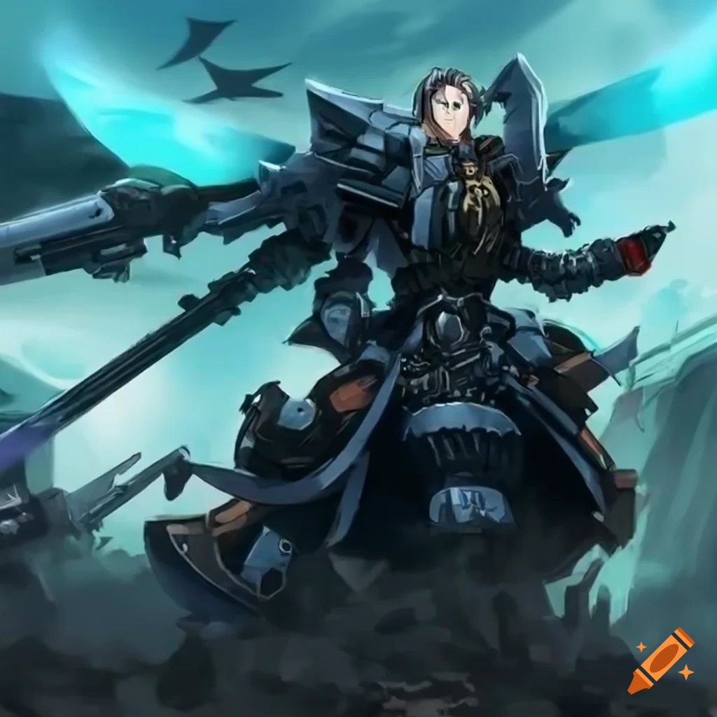 Fantasy anime art of a machine warrior with guns