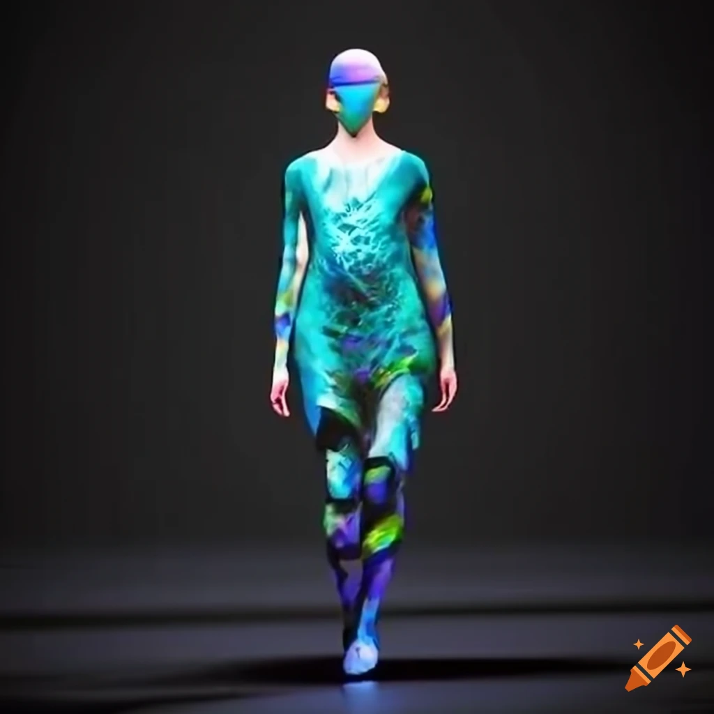 Fashion model walking on a futuristic catwalk on Craiyon