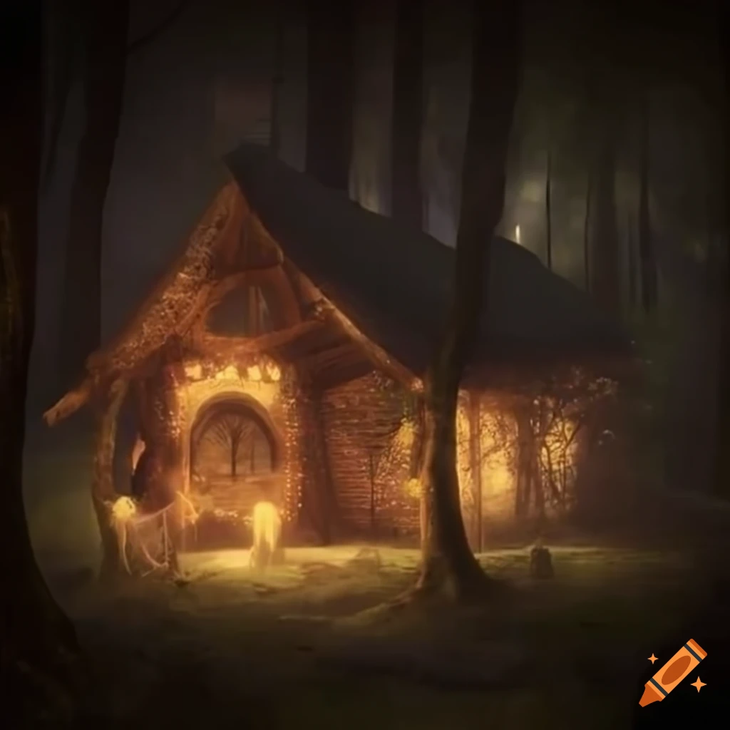 Ethereal tavern in a forest at night on Craiyon