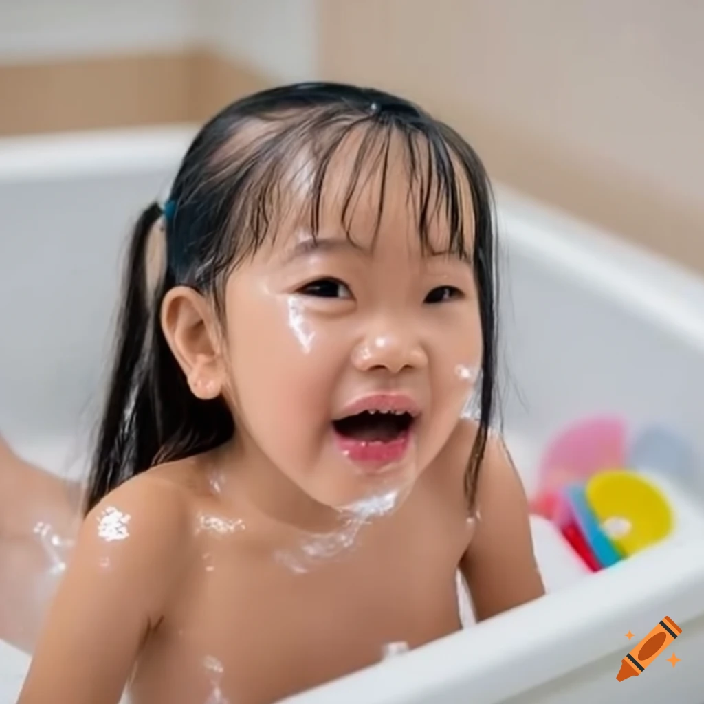 Adorable asian toddler girl enjoying bath time on Craiyon
