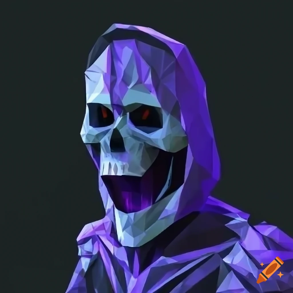 Ps1-style skeletal warrior with hood and glowing green and purple lights