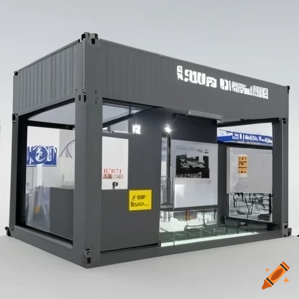 Glassy sea container exhibition stand on Craiyon