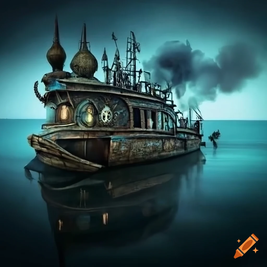 Surreal steampunk artwork with a strange boat and ghostly beach on Craiyon