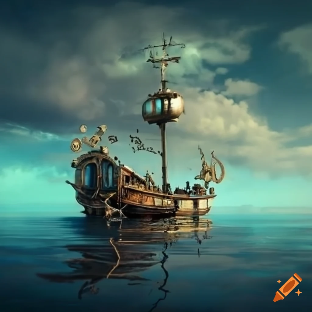 Surrealist steampunk boat in a sea with eerie sky on Craiyon