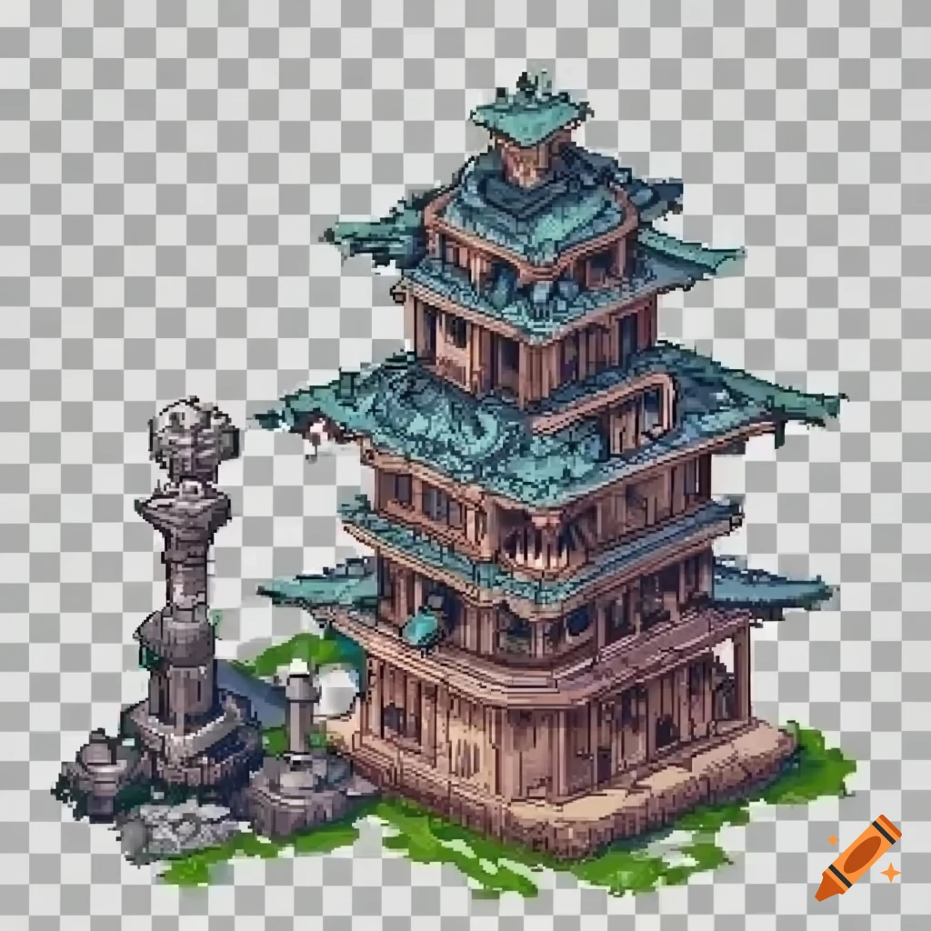 Pixel art of a Japanese building with traditional and gothic styles on ...