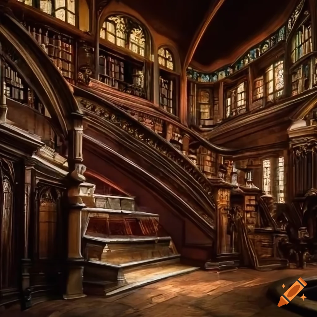 Gothic-style Victorian library with spiral staircase and stained glass ...