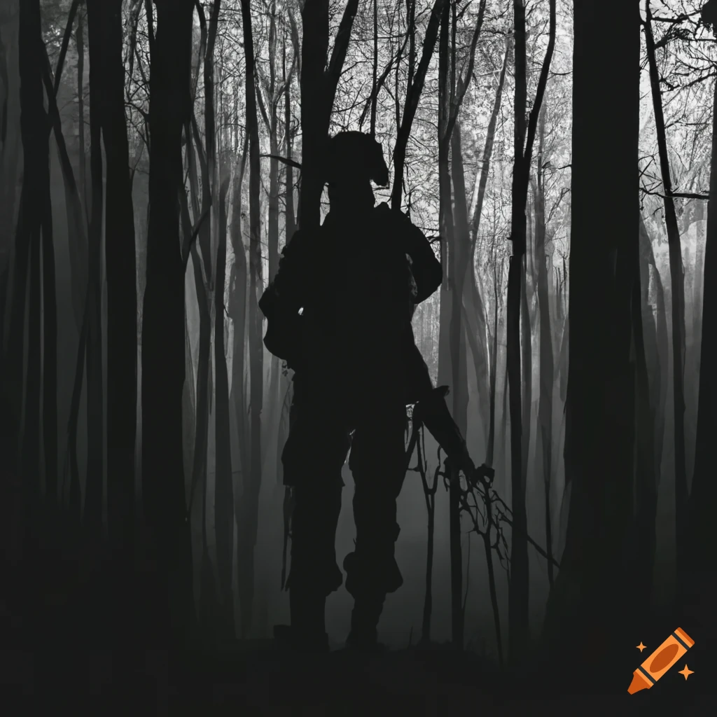 Silhouette of american soldier with night vision in moonlit forest on ...