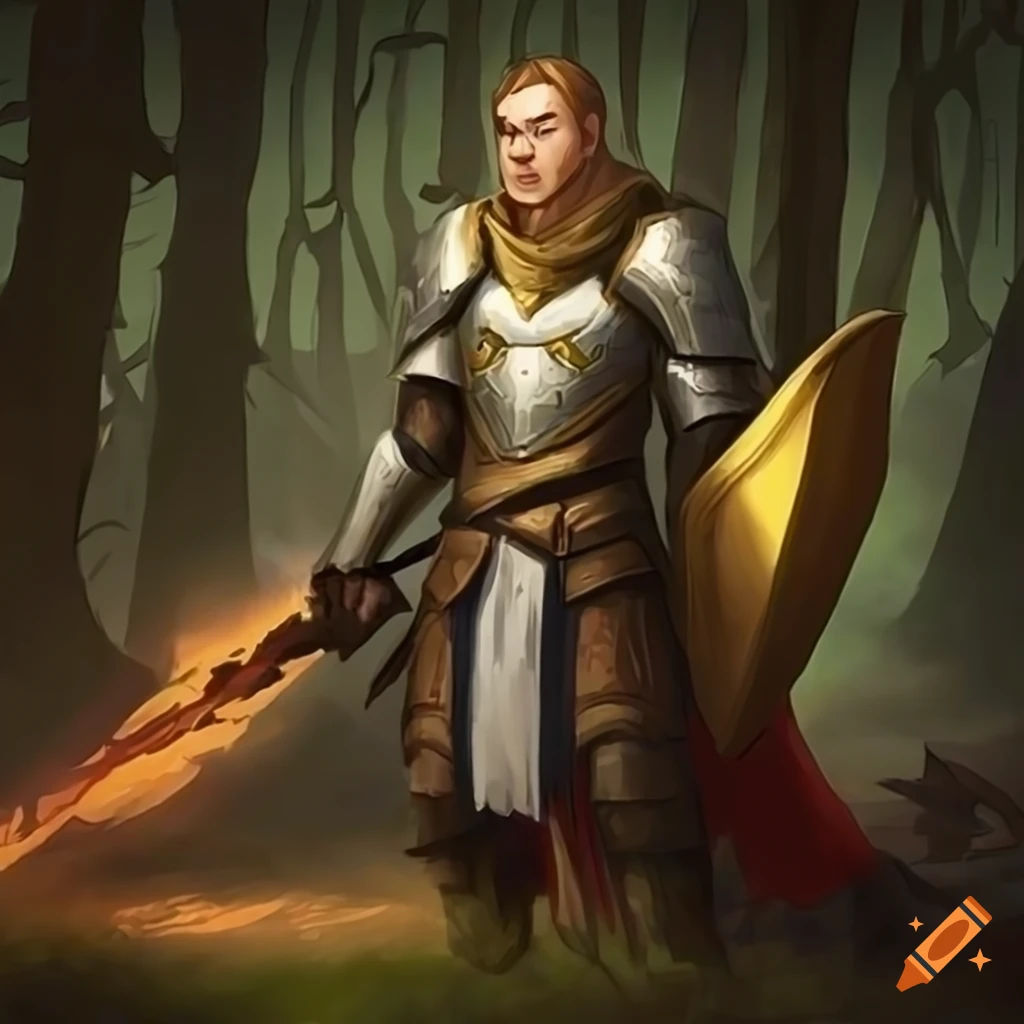 Art of a male paladin with a golden war axe in a forest on Craiyon