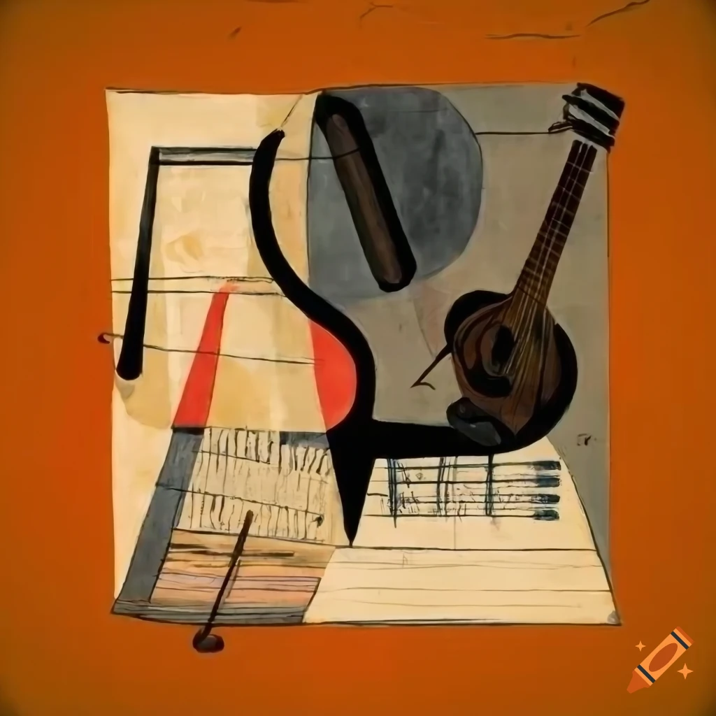 Cubist still life with musical instruments and fabric on Craiyon