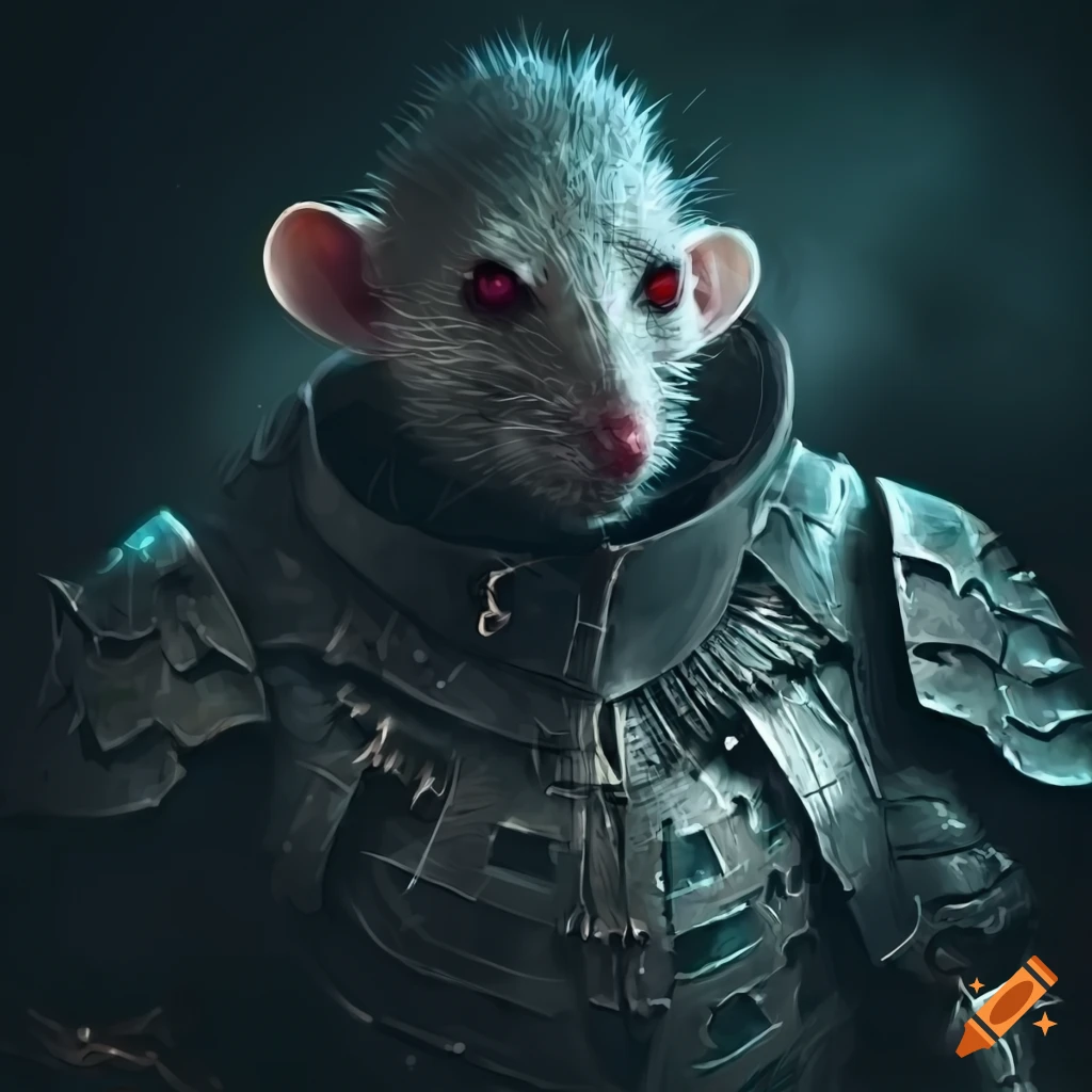Dark fantasy illustration of a rat person charging in armor