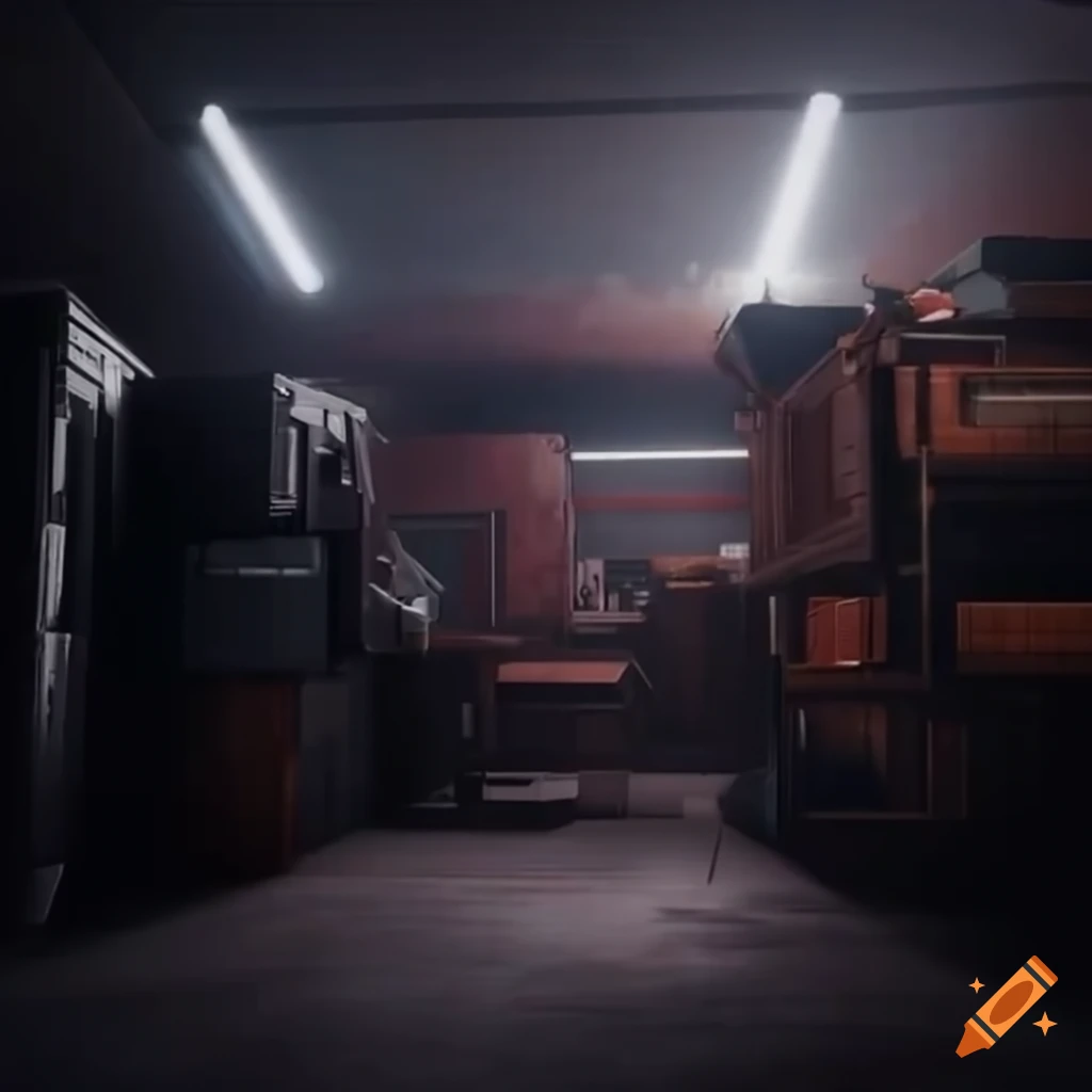 Epic scene of engineers working on computers in a garage on Craiyon