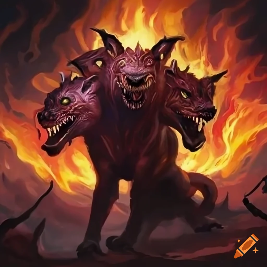 Magmatic landscape with a three-headed cerberus on Craiyon