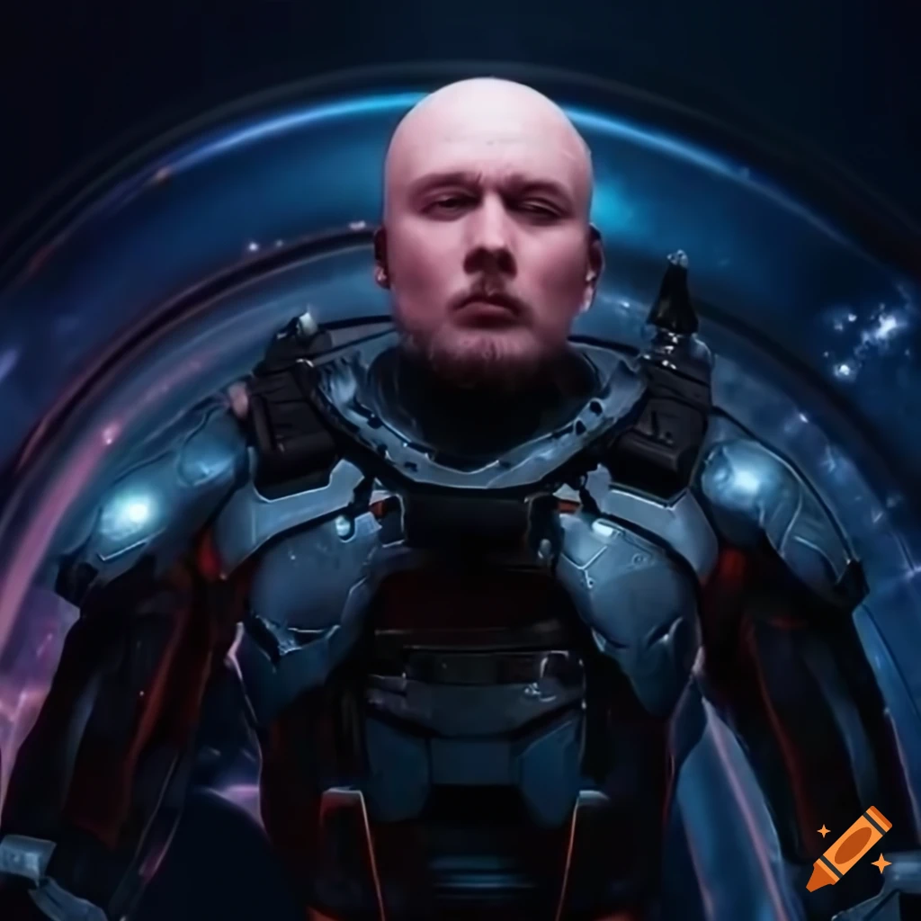 Image of bald men in futuristic armour inside a glass space station on ...