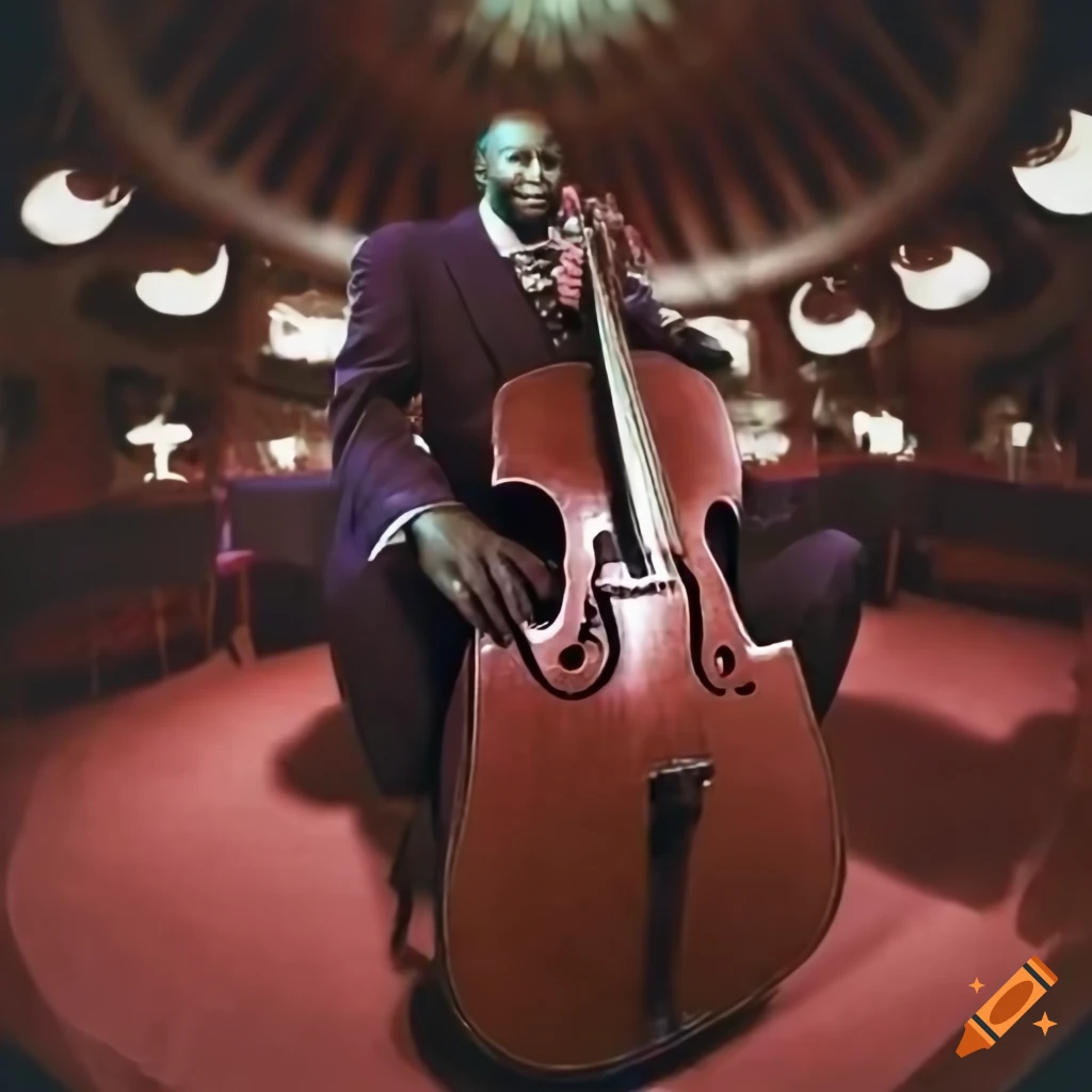 Fisheye photo of a jazz cellist performing on stage on Craiyon