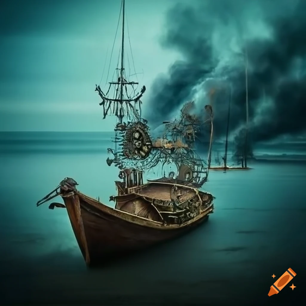 Surreal steampunk artwork with a strange boat and ghostly beach on Craiyon