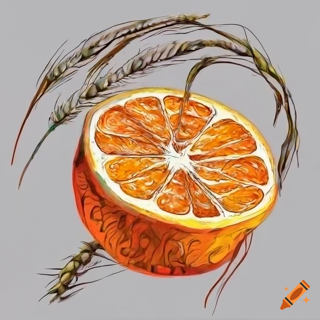 Artistic representation of sliced orange with stalks of barley on Craiyon