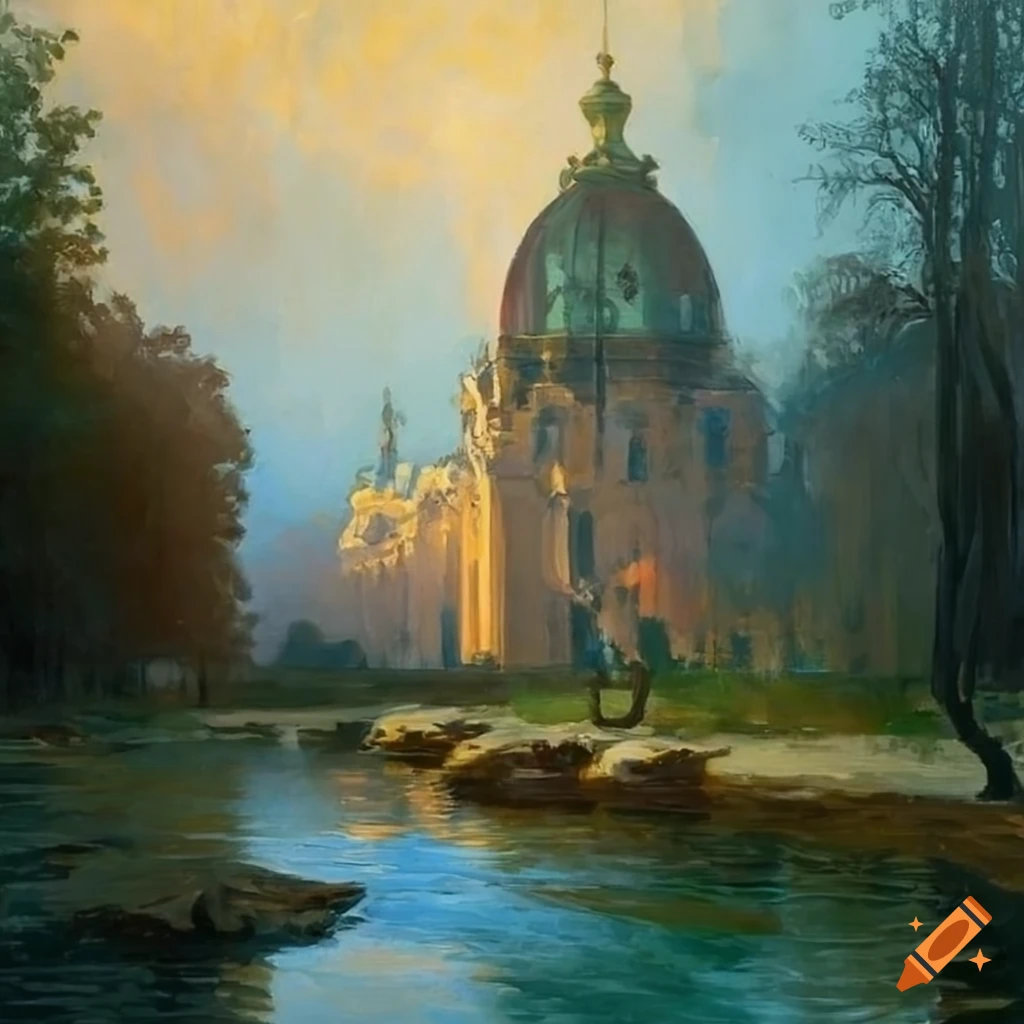 Neoclassical landscape painting with a fountain and dome building on ...