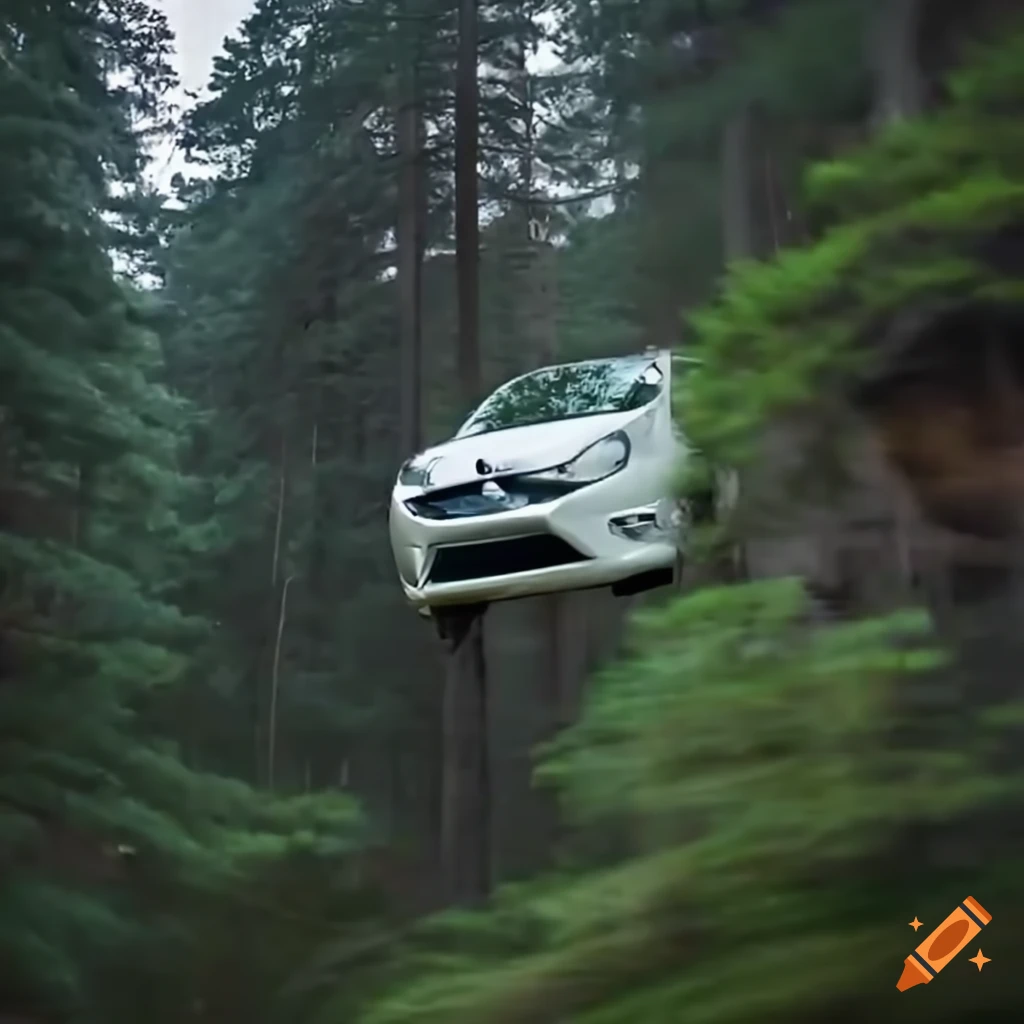 Car flying off a cliff above a pine forest