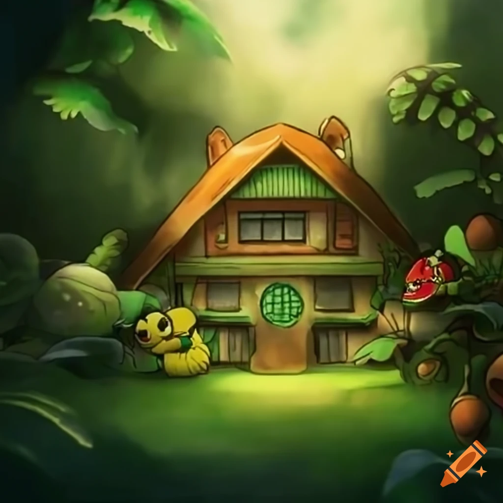 Tropical hut with pok\u00e9mon characters playing on Craiyon