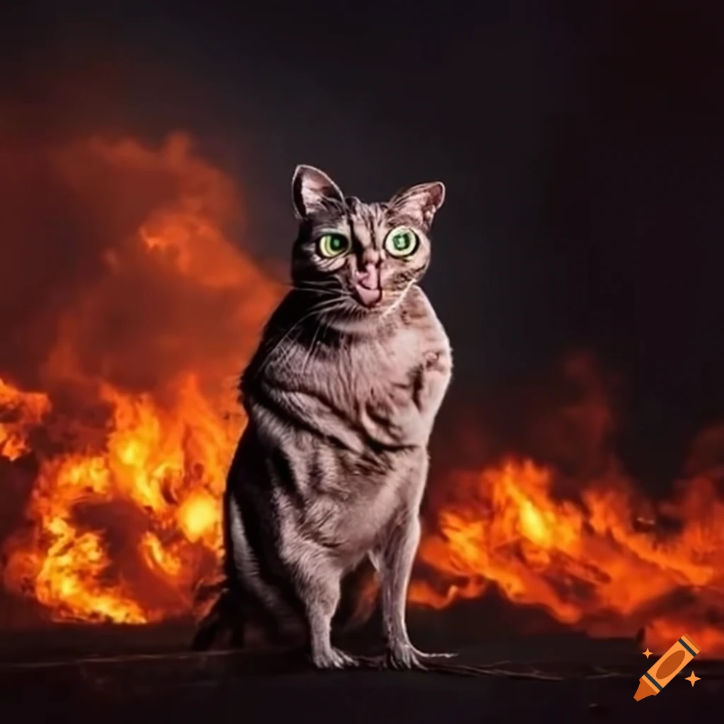 Steel cat amidst fiery explosions on Craiyon