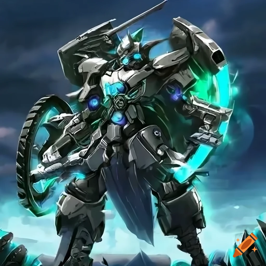 Fantasy anime art of a machine warrior with guns on Craiyon