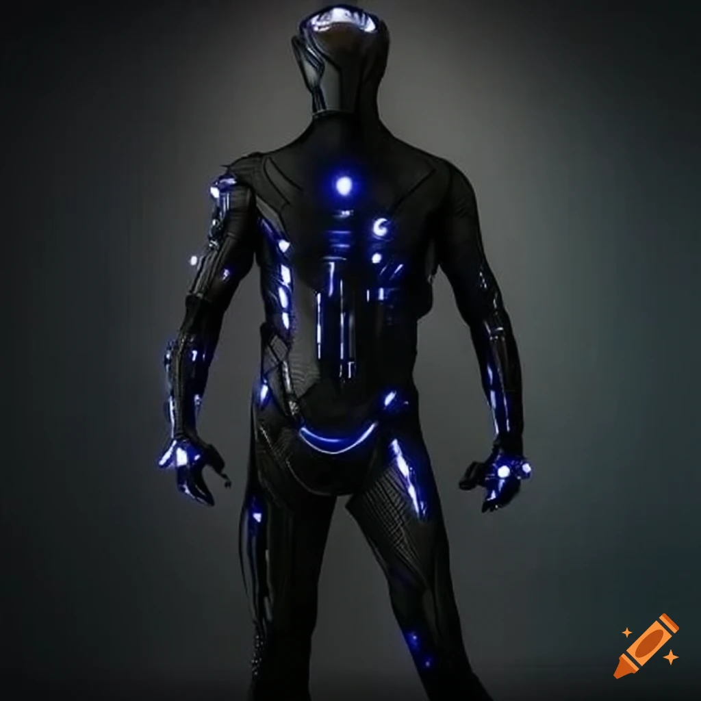 Image of a black futuristic superhero suit with lights