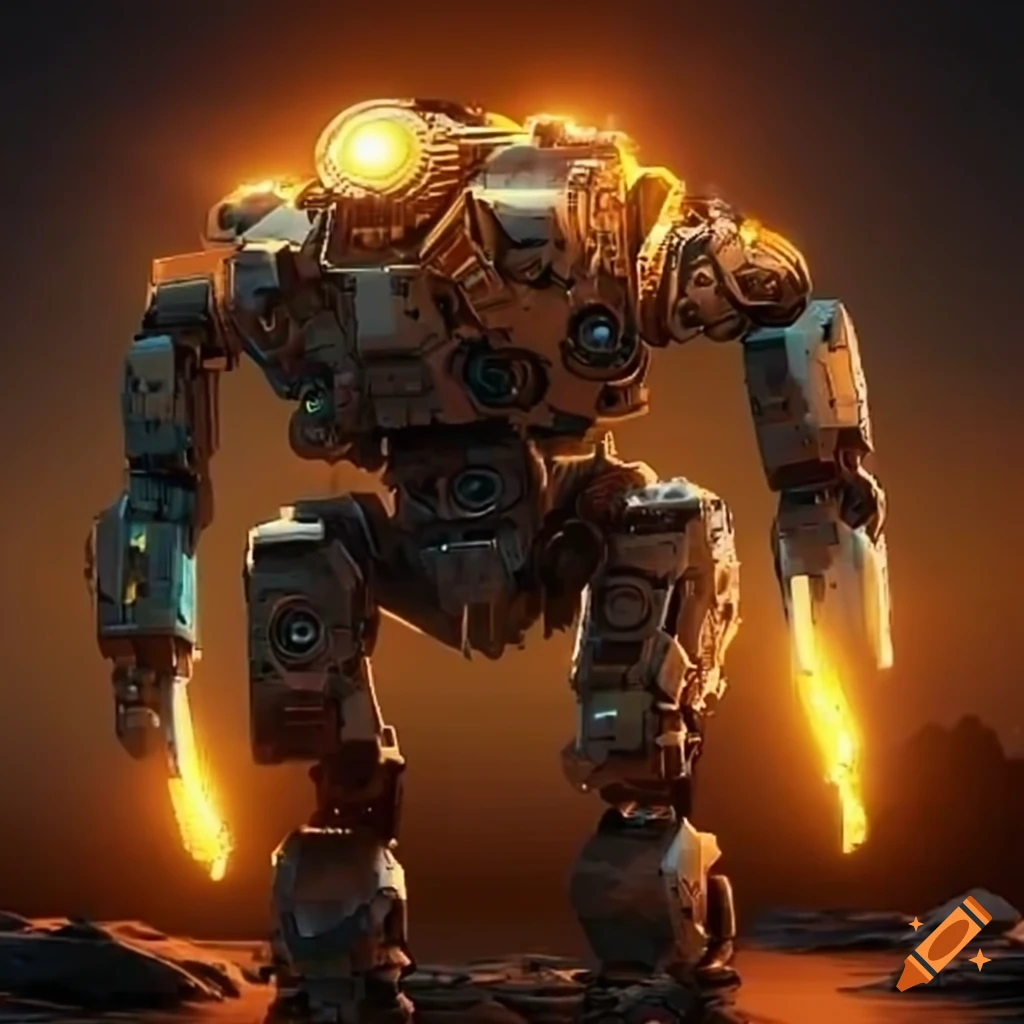 Impressive glowing mech with a nuclear core