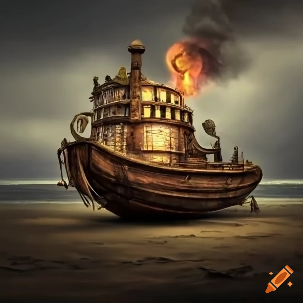 Surrealist steampunk beach with strange machines and ghosts on Craiyon