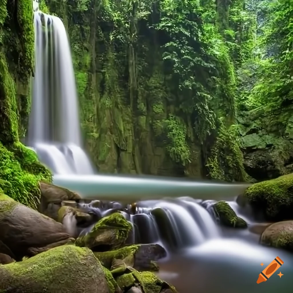 Picture of a breathtaking blue waterfall in a rainforest on Craiyon
