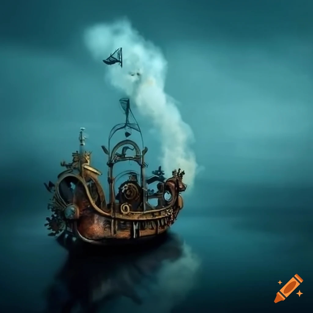 Surreal artwork of a steampunk boat and ghostly figures on a beach on ...