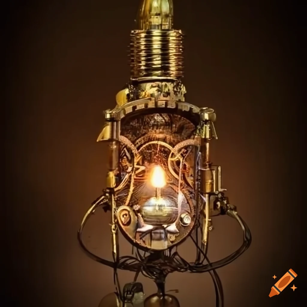 Steampunk sculpture with mechanical bulb and laser beam on Craiyon