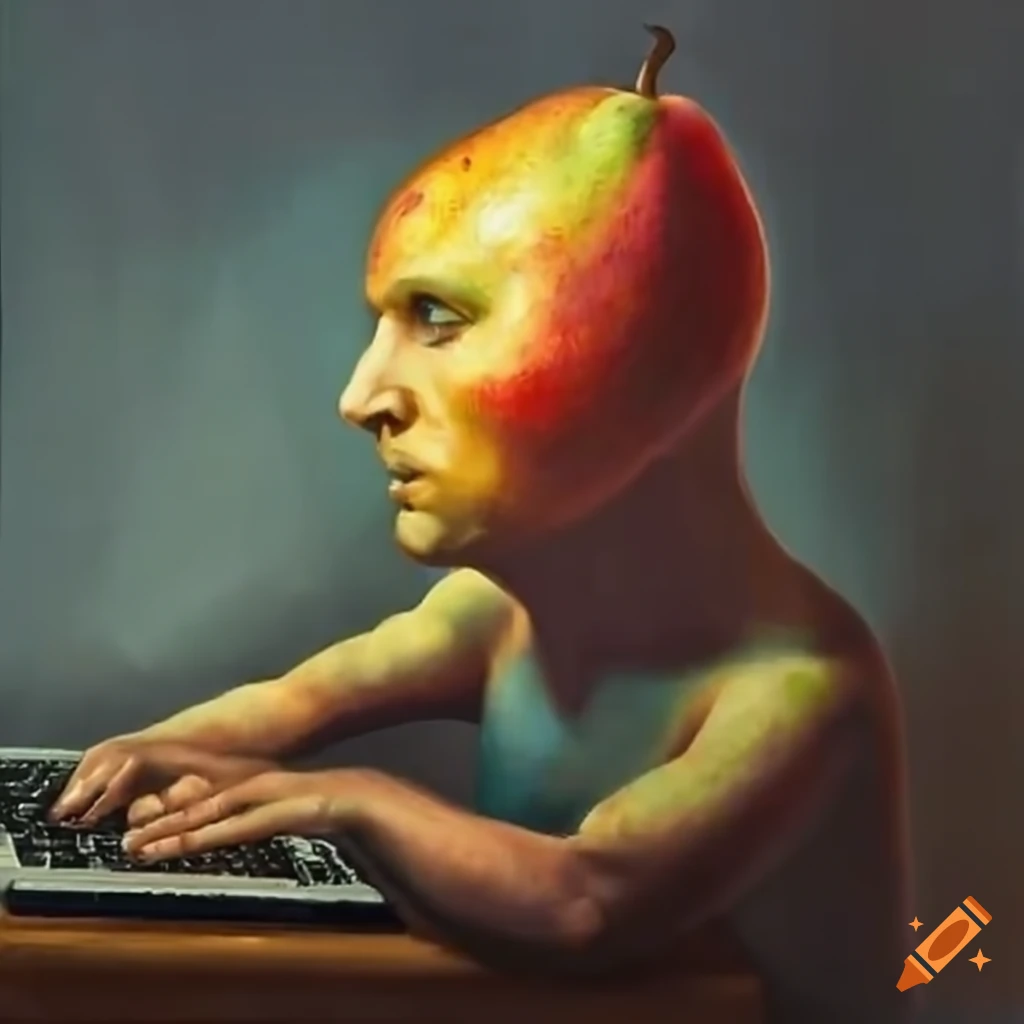Creative illustration of a man with a pear head at computer on Craiyon