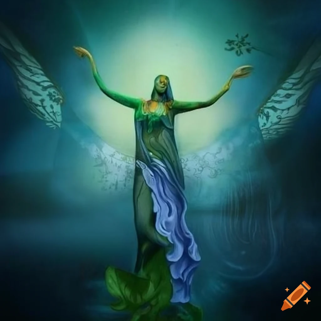 Illustration of a nature deity embracing the earth on Craiyon