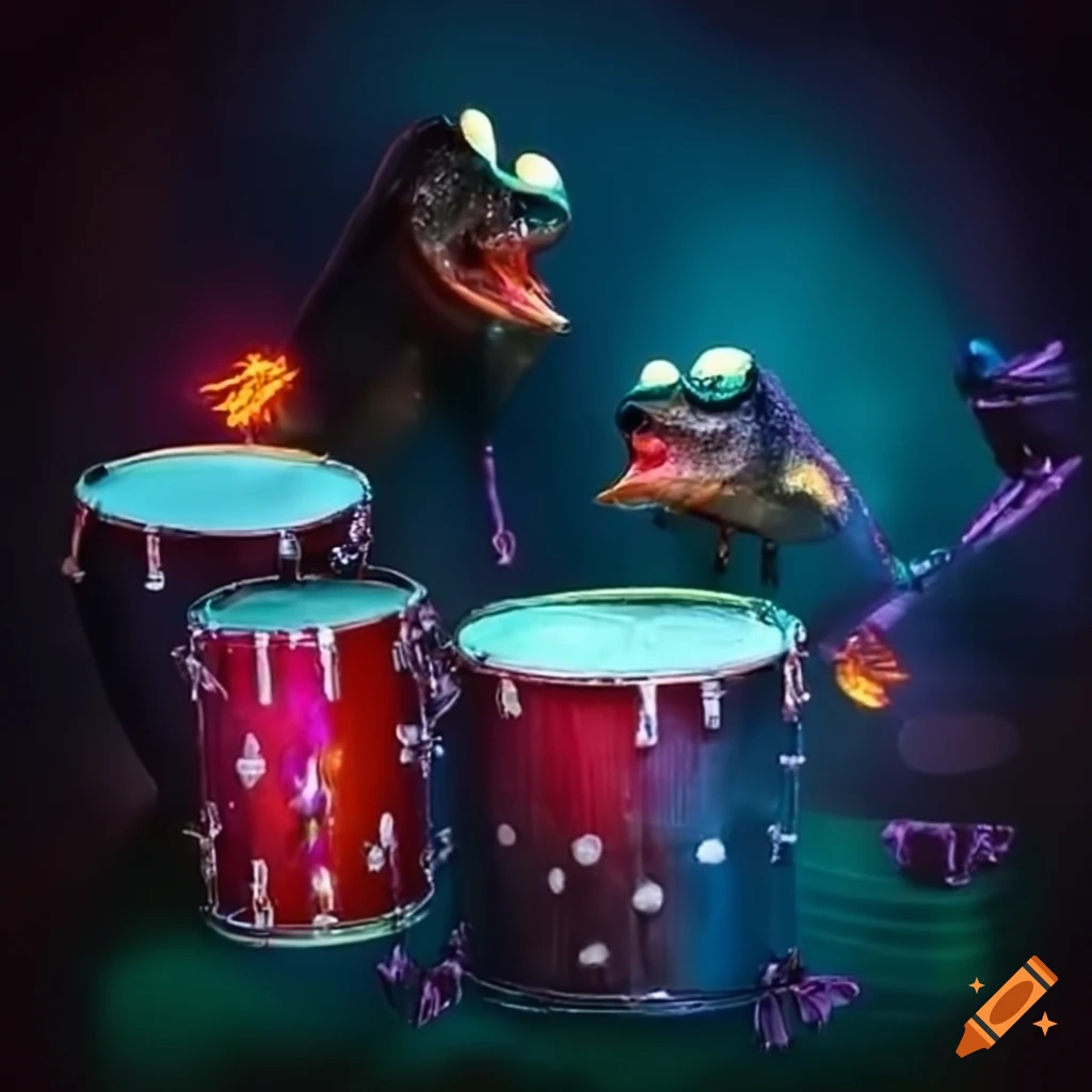 Funny image of frogs playing drums on Craiyon