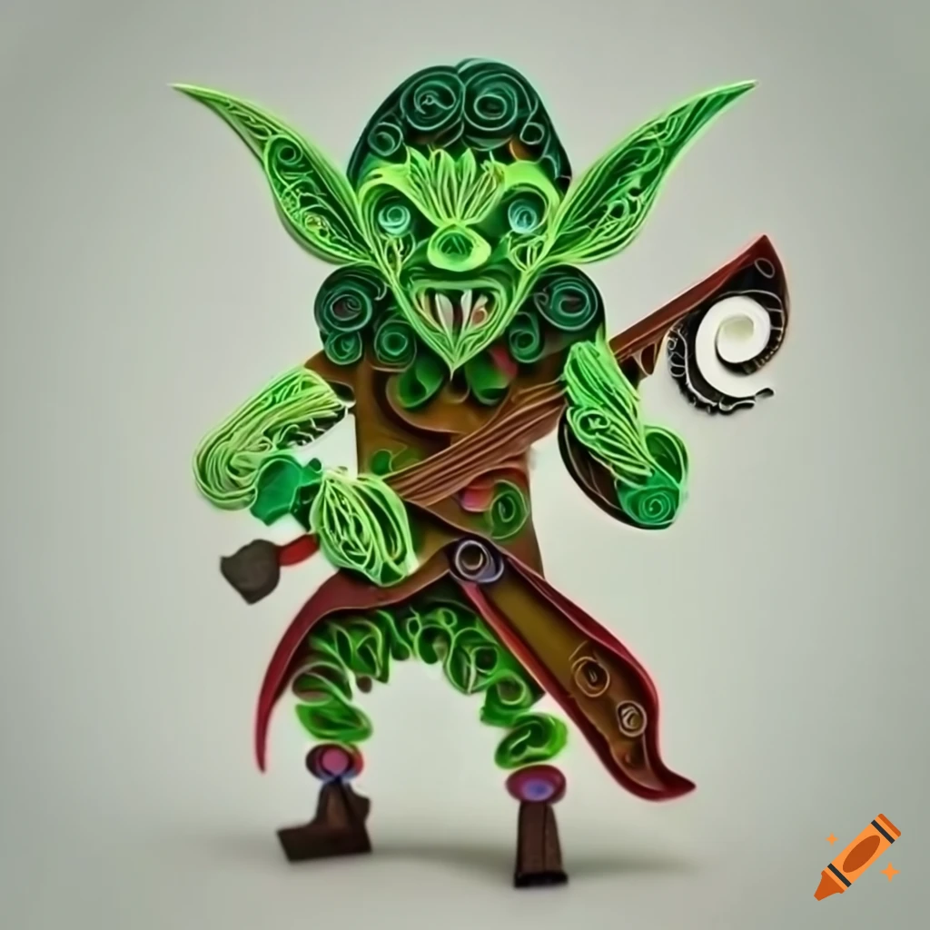Quilling paper art of a forest goblin with sling weapon