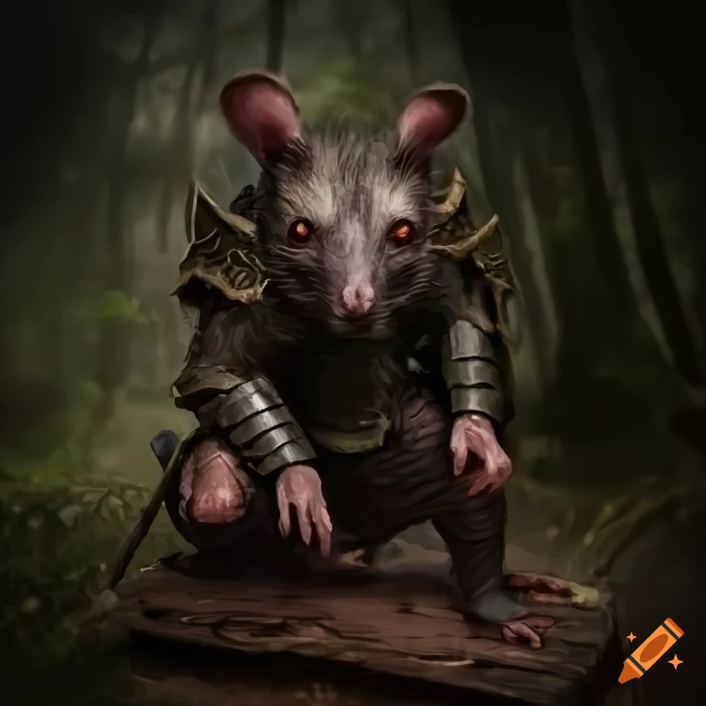 Evil rat person in armor charging in a night forest