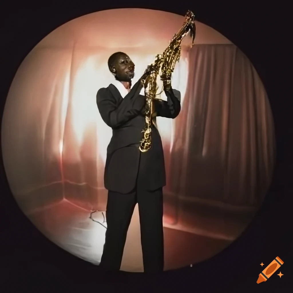 Photo of a black male jazz performer playing the saxophone on stage