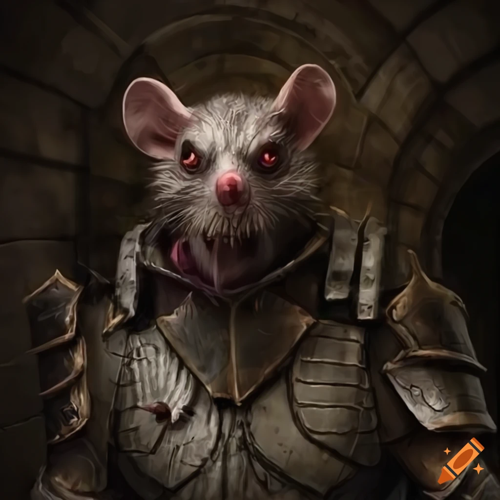 Digital art of an armored rat person in a dark tunnel