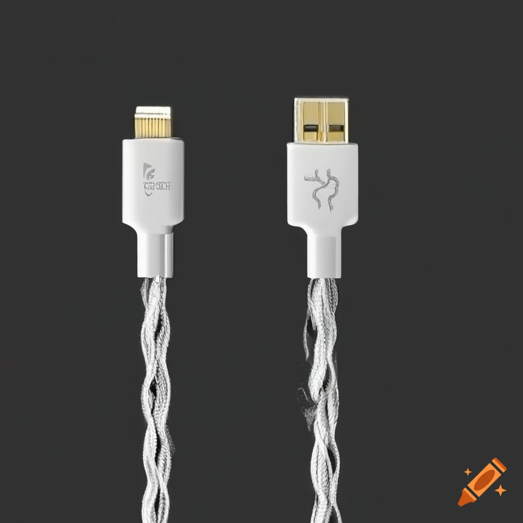 Black and white braided lightning cable with golden connectors on Craiyon