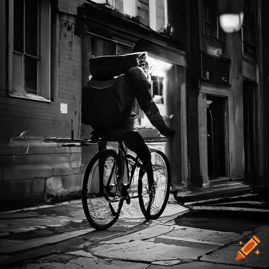 Food delivery guy on bike in a dimly lit street