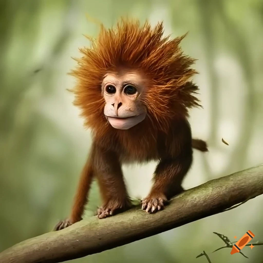 Realistic image of a monkey with a lion head wearing a coconut hat on ...