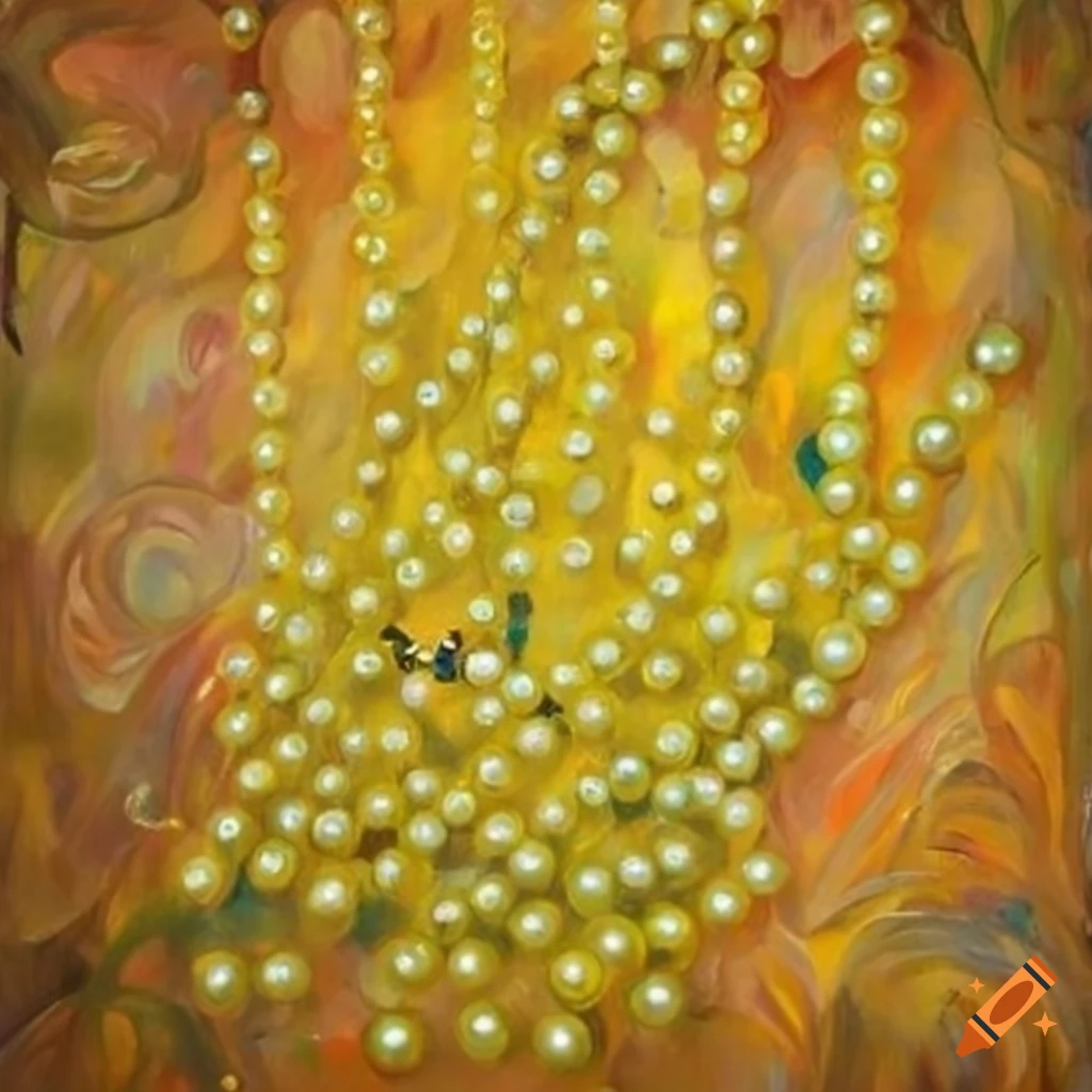 Oil painting of pearls on a wooden table