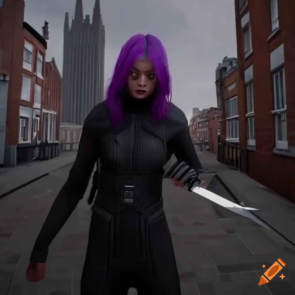 Sci-fi girl with purple hair fighting in futuristic city on Craiyon