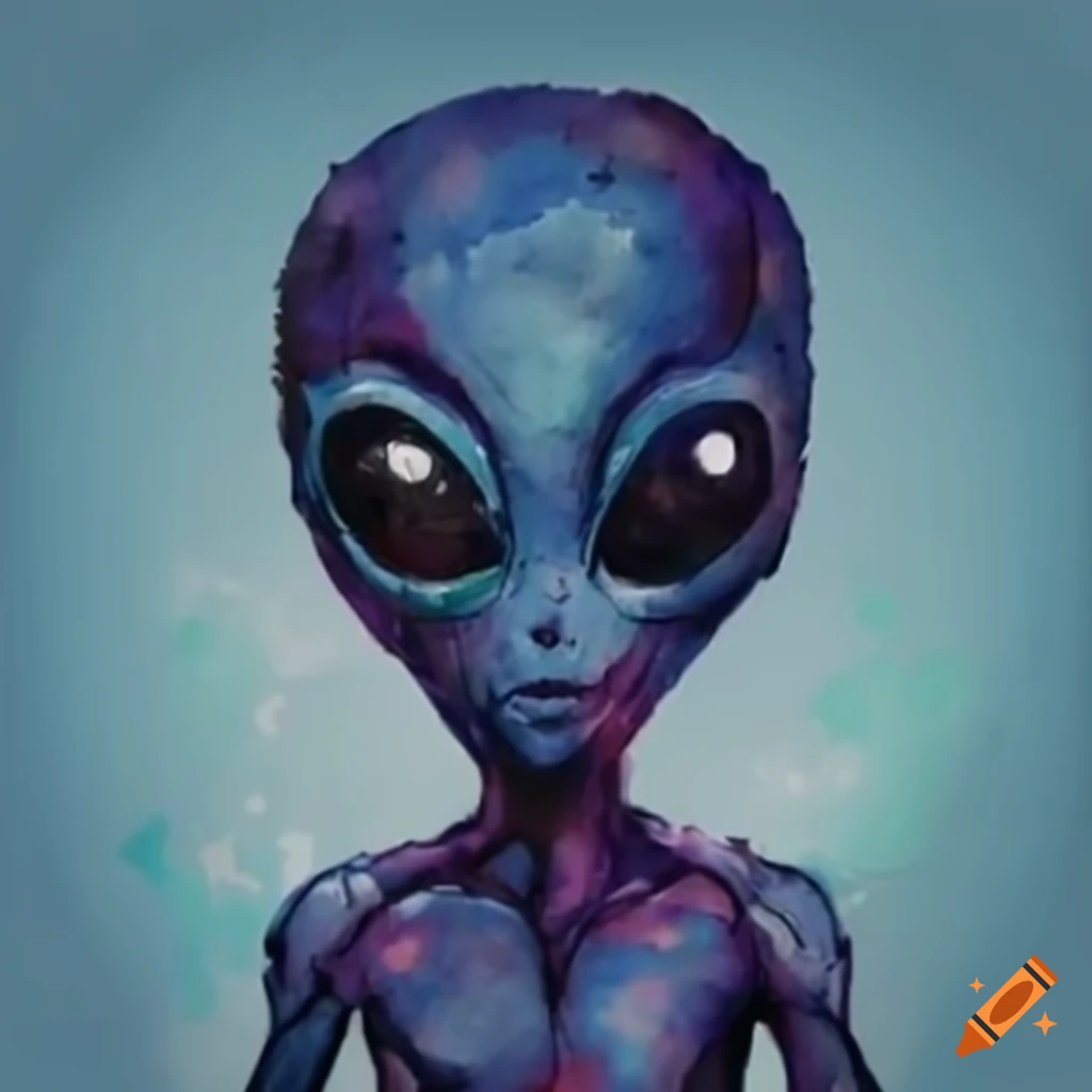 Sad light blue alien with black eyes in a 90s cartoon style on Craiyon