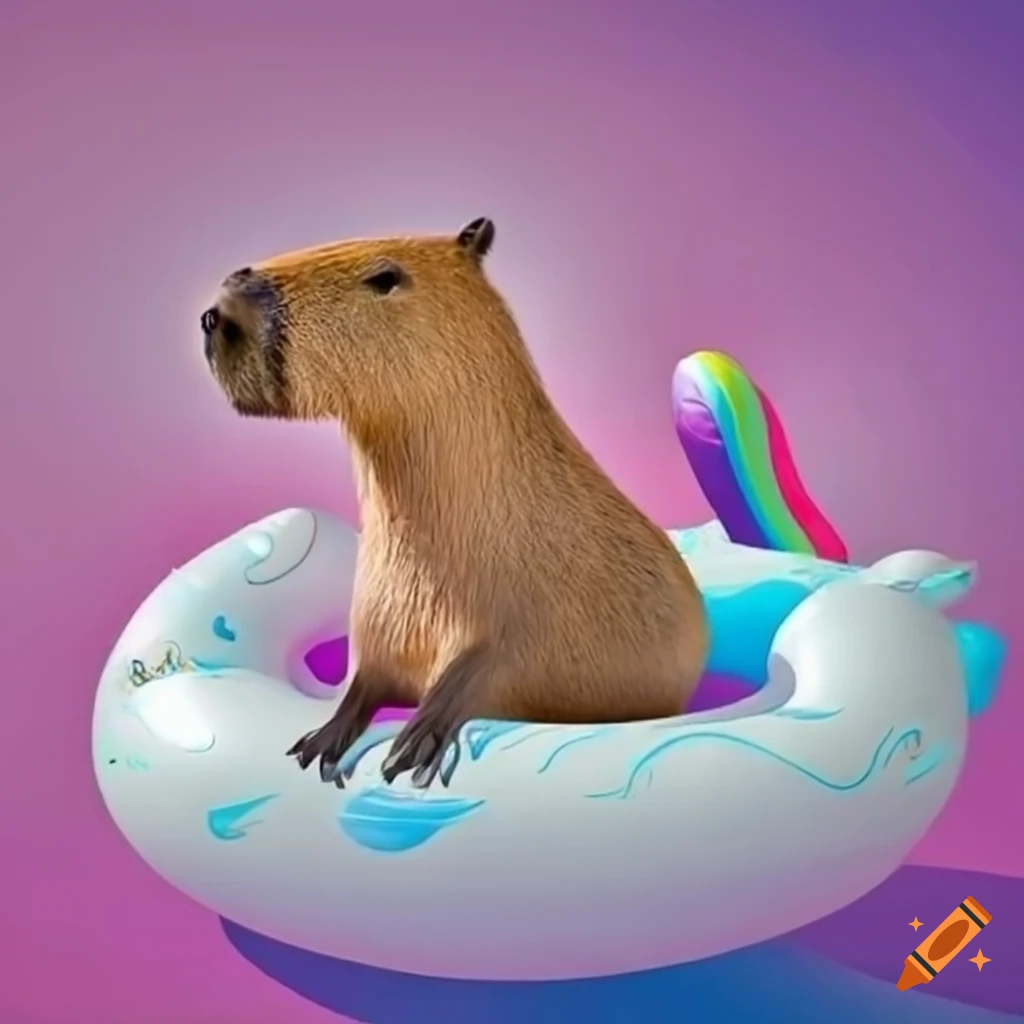 Capybara on a unicorn float enjoying a cocktail on Craiyon